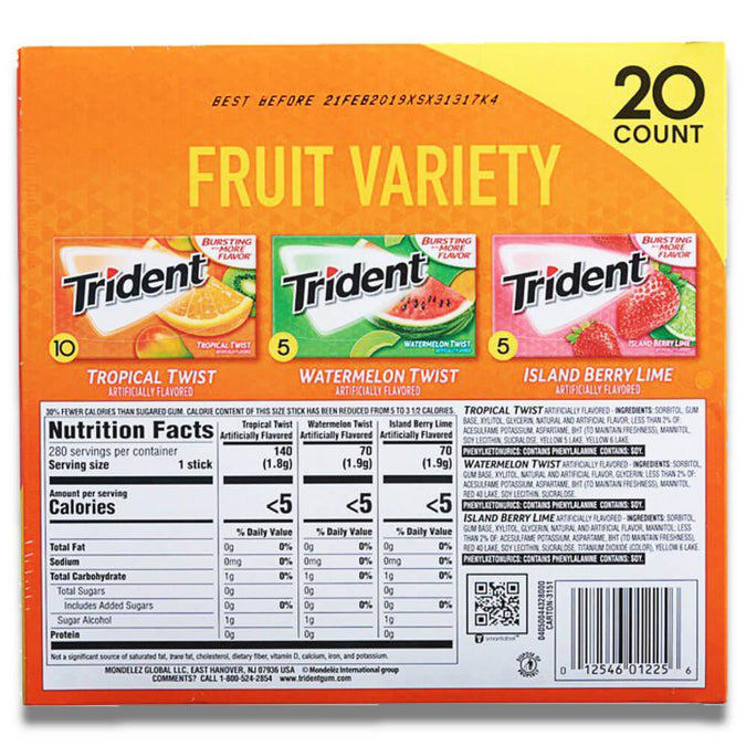 Trident Fruit Variety Pack Sugar-Free Gum (14 Per Pack, 20 Pack ...